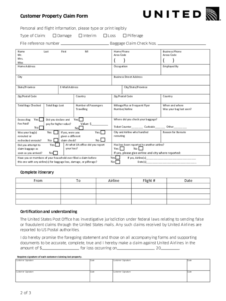 Fillable Online Get Customer Property Claim Form - United Airlines - US Legal Forms Fax Email ...