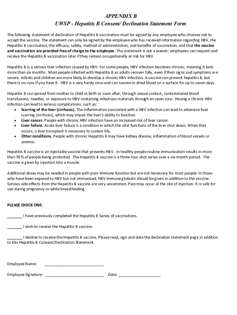 Fillable Online APPENDIX B UWSP - Hepatitis B Consent/ Declination Statement Form Fax Email ...