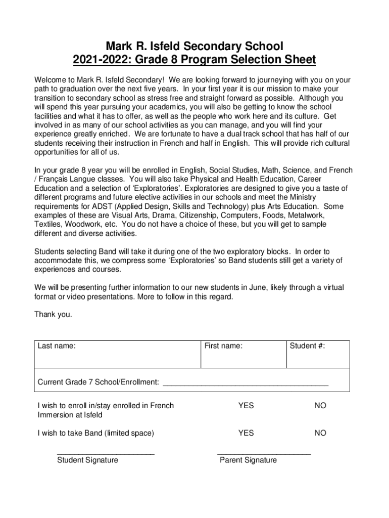 Fillable Online www.comoxvalleyschools.camark-isfeld-secondaryGrade 8 Course Selection Sheet ...
