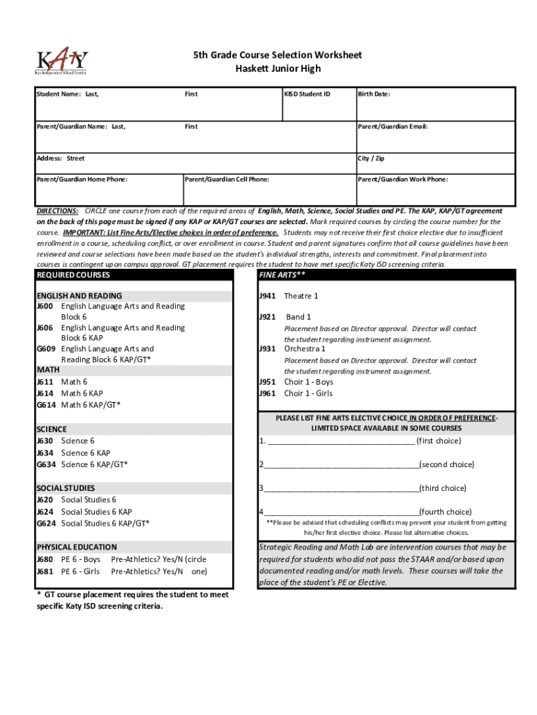 Fillable Online 5th Grade Course Selection Worksheet Fax Email Print - pdfFiller