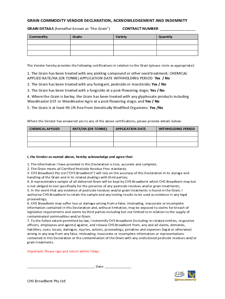 Fillable Online GRAIN COMMODITY VENDOR DECLARATION, ACKNOWLEDGEMENT AND ...