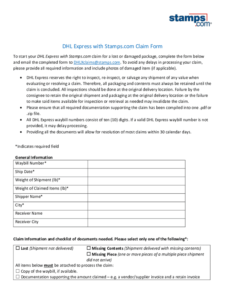 Fillable Online DHL Express with Stamps.com Claim Form Fax Email Print ...