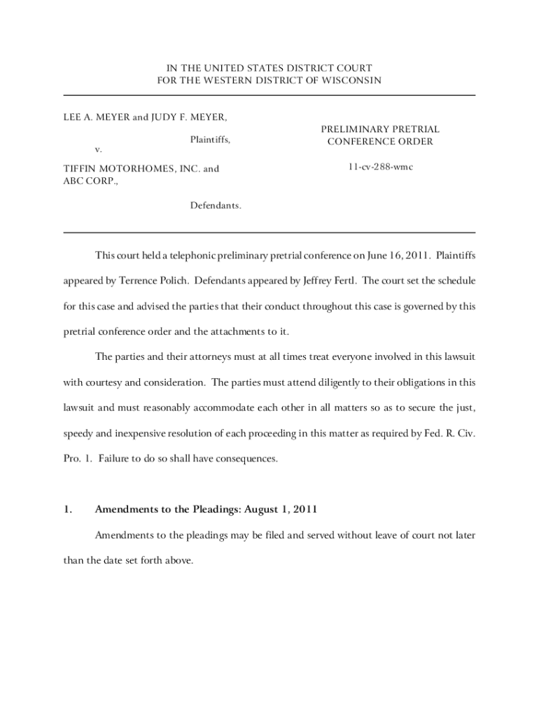 Fillable Online This court held a telephonic preliminary pretrial ...