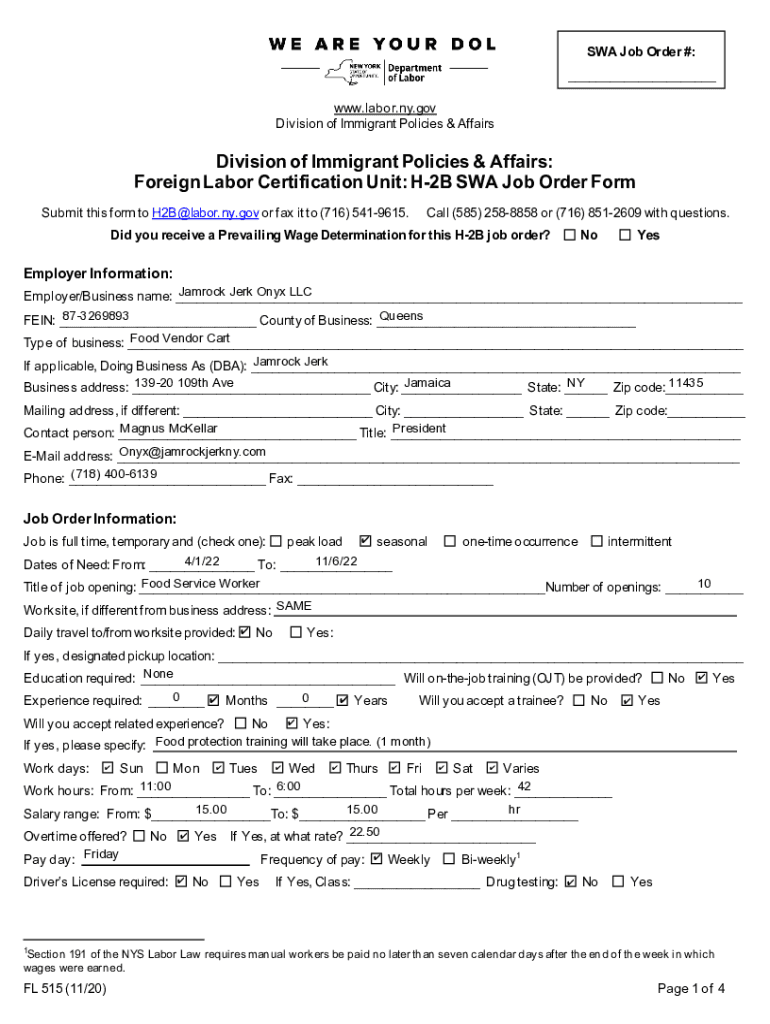 Fillable Online H-2B Foreign Labor SWA Job Order Form - JAMROCK JERK ...