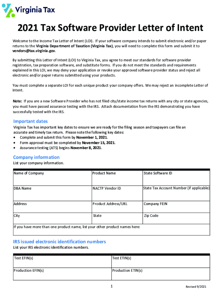 Fillable Online Virginia Tax Software Provider Letter of Intent. Virginia Tax Software Provider ...