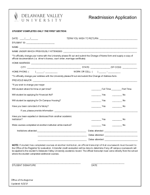 Fillable Online Readmission Application - Registrars OfficeReadmission Application - Registrars ...