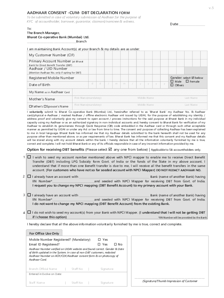 Fillable Online v.5 AADHAAR CONSENT -CUM- DBT DECLARATION FORM To be submitted in case ... Fax ...