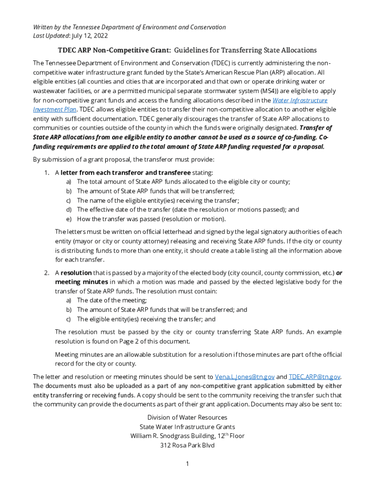 Fillable Online TDEC ARP Non-Competitive Grant: Guidelines for ...