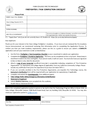 Fillable Online yc yccd YUBA COLLEGE FIRE TECHNOLOGY FIREFIGHTER II TASK COMPLETION CHECKLIST ...