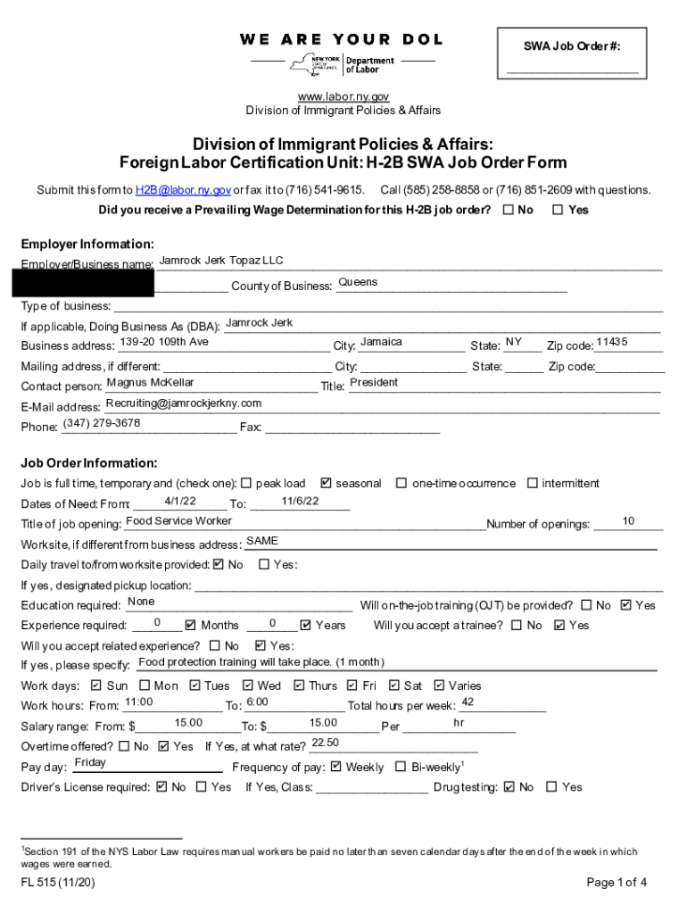 Fillable Online Form FL515 "H-2b Swa Job Order Form" - New York ...