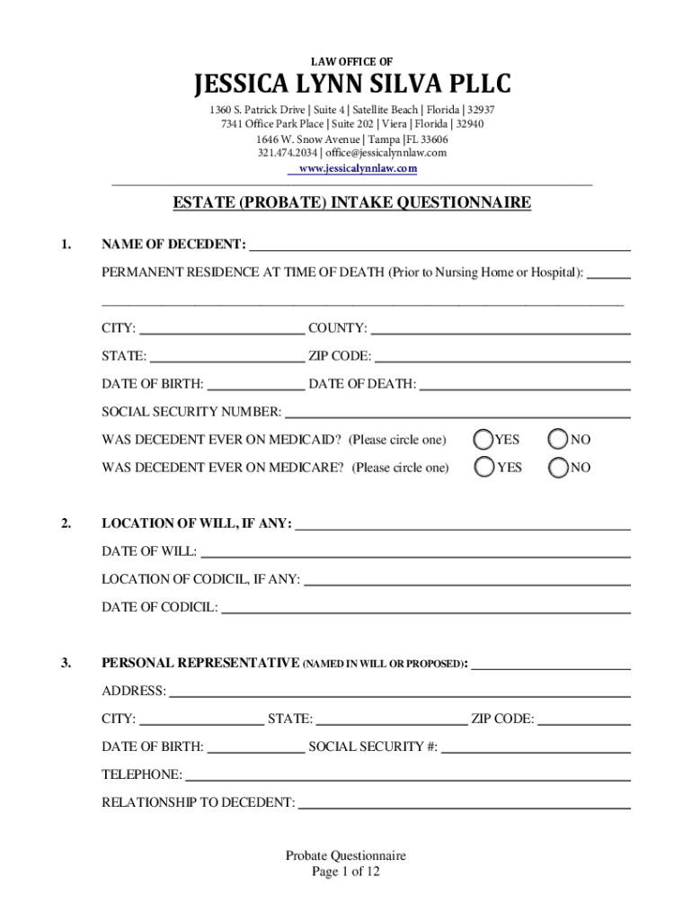 Florida Probate Intake Questionnaire - Blank Fillable Template | Fill ...