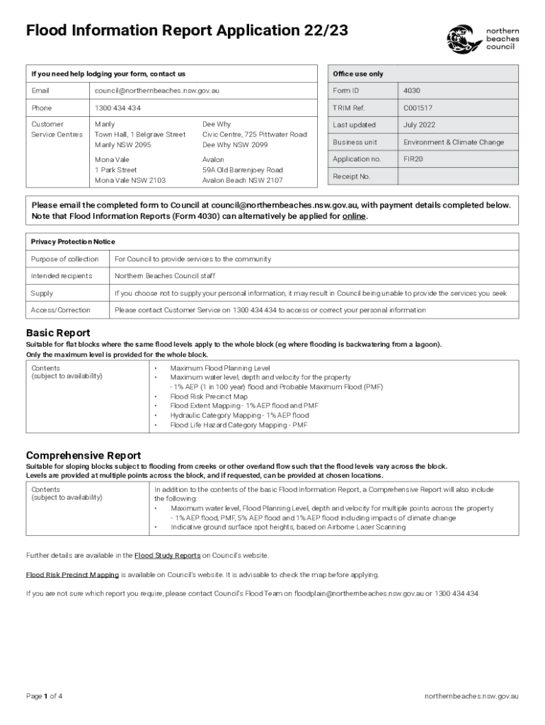 Fillable Online Flood Information Report ApplicationNorthern Beaches ...