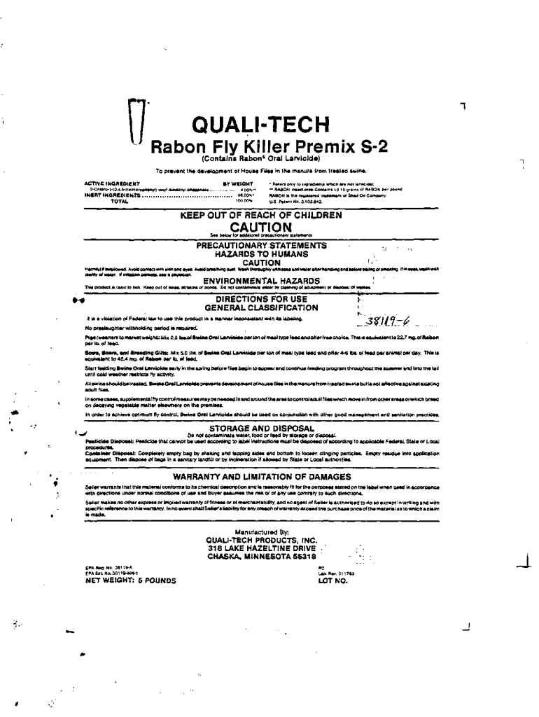 Fillable Online U.S. EPA, Pesticide Product Label, QUALI-TECH RABON FLY ...