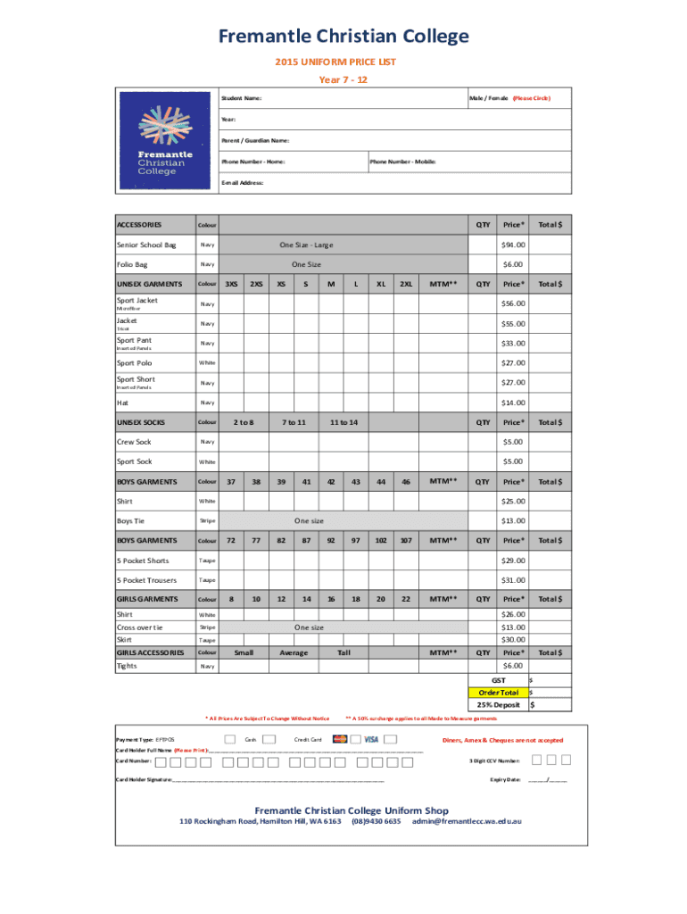 Fillable Online fremantlecc wa edu High School Uniform Selling Price List - Aug 14.xlsx Fax ...