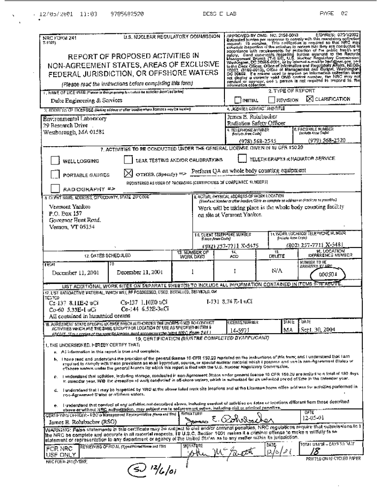 Fillable Online NRC Form 241 - Report of Proposed Activities in Non ...