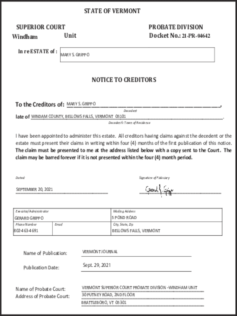 Fillable Online Probate DivisionVermont Judiciary Fax Email Print ...