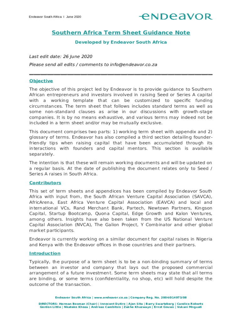 Endeavor Launches Term Sheet Guidance Template Doc Template | pdfFiller