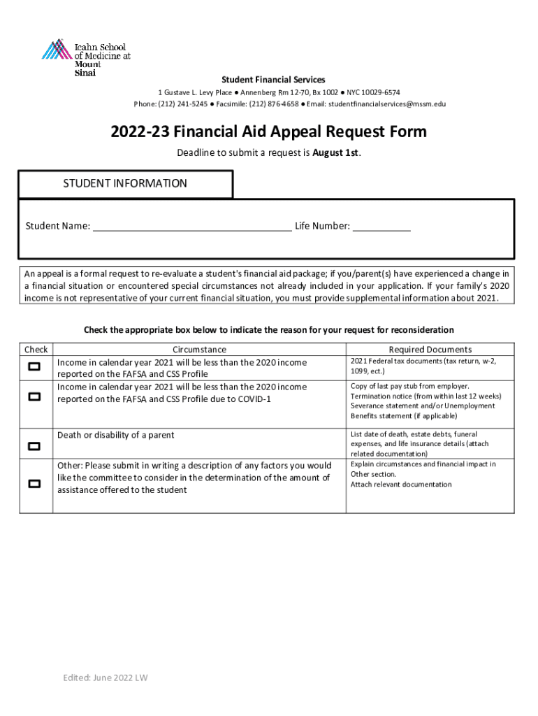 Fillable Online 2022-23 Financial Aid Appeal Request Form - Icahn ...