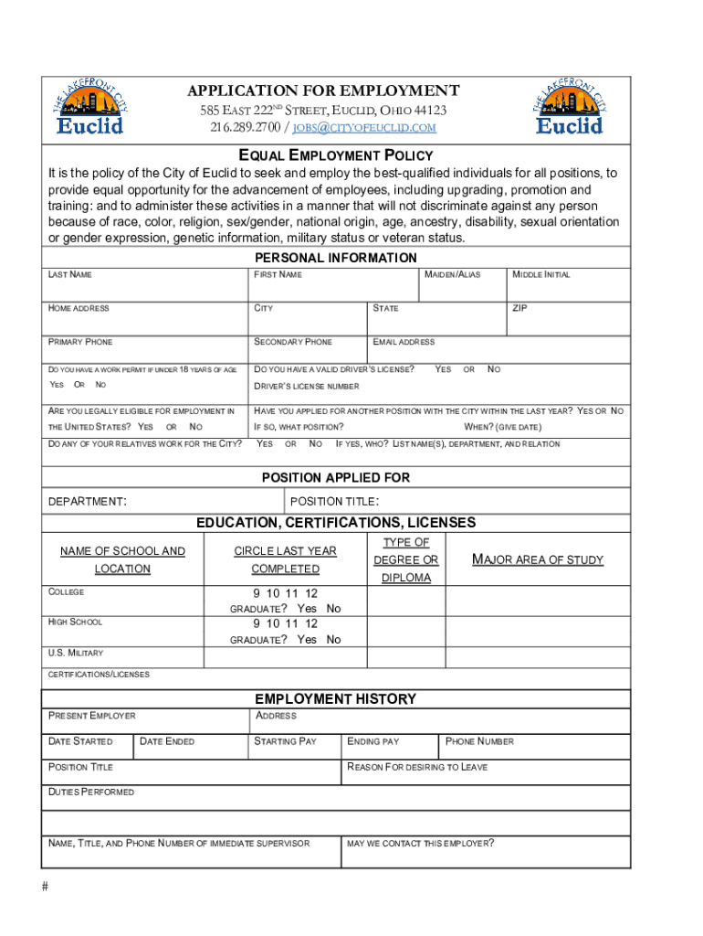 Fillable Online Job Posting: City Euclid - Director of Planning and ...