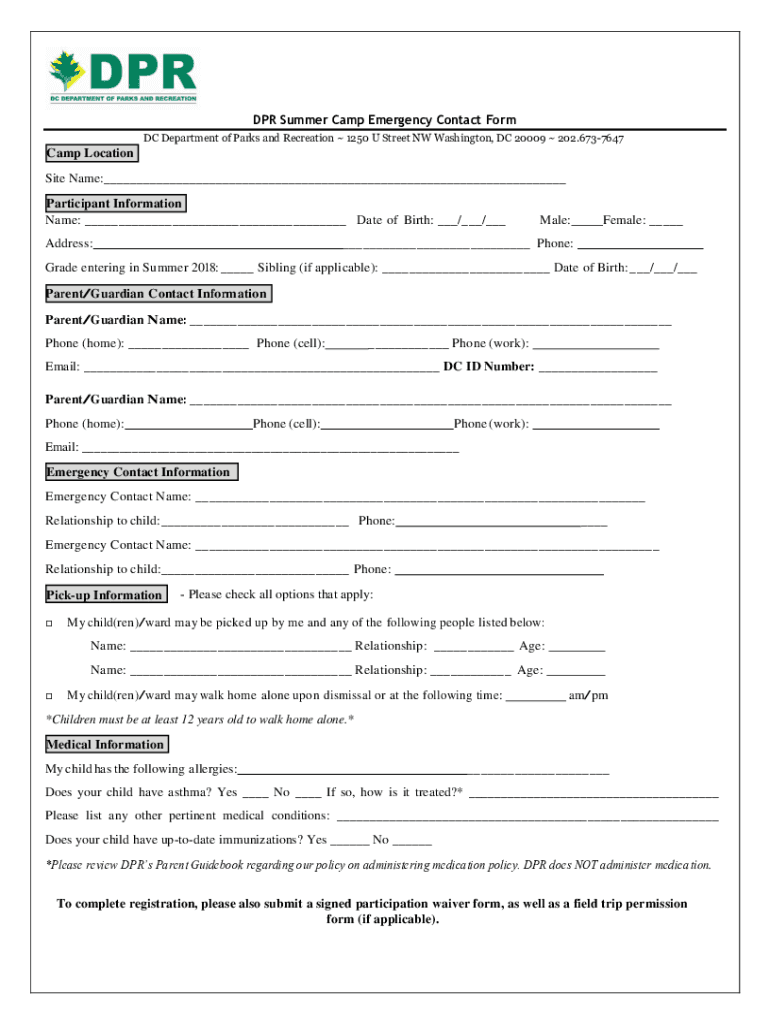 Fillable Online dpr dc DPR Summer Camp Emergency Contact Form ...