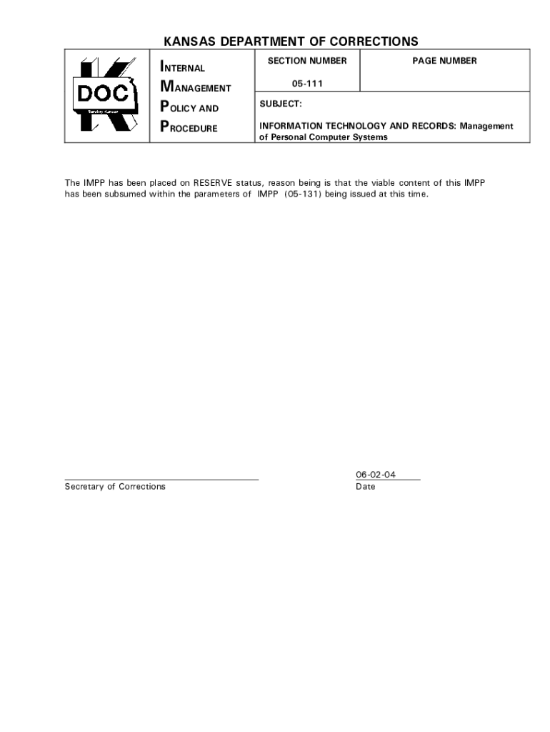 Fillable Online kansas department of corrections - internal manag ement ...