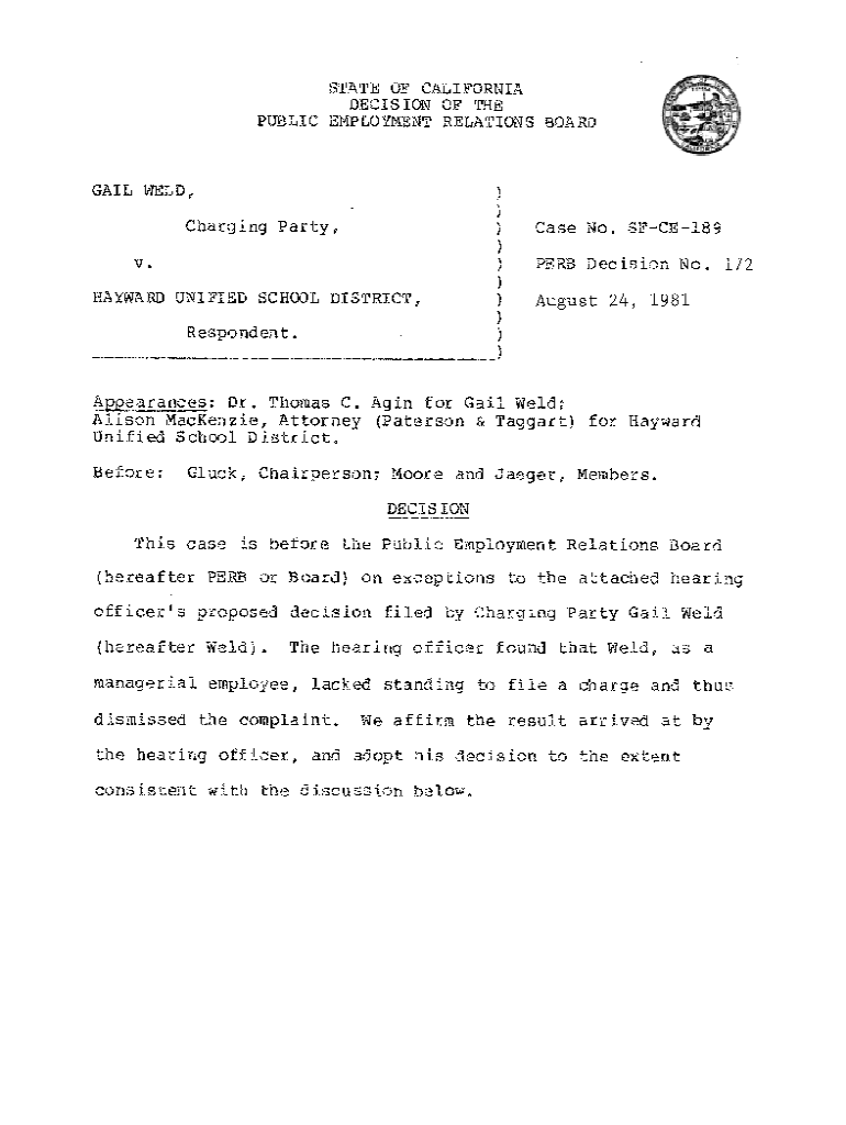 Fillable Online perb ca PERB Decision-0172E - Gail Weld, Charging Party ...