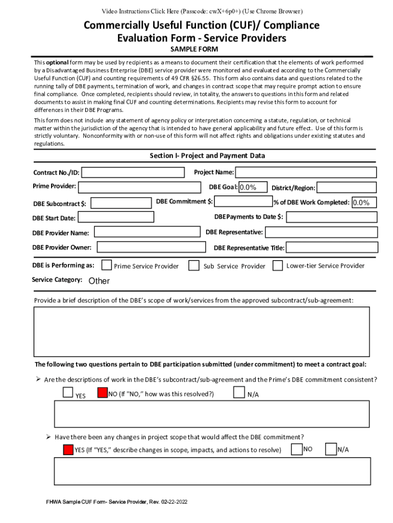 Fillable Online FHWA Sample CUF Form- Service Provider, Rev. 05-19-2021 ...