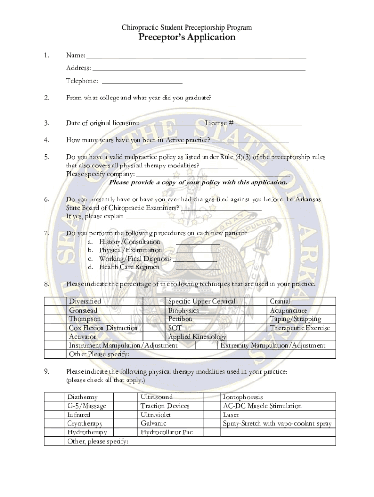 Fillable Online APPLICATION FOR REGISTRATION FOR CHIROPRACTIC PRECEPTOR ...