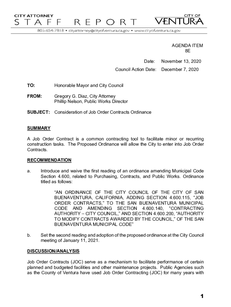 Fillable Online PUBLIC WORKS CITY OF STAFF REPORT VENTURA - California ...