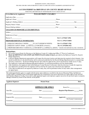 Fillable Online ACCESS PERMIT for DRIVEWAY ON COUNTY RIGHT-OF-WAY (To ...