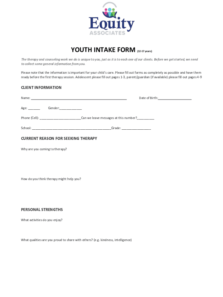 Fillable Online Youth Intake Form - Fill Out and Sign Printable PDF ...