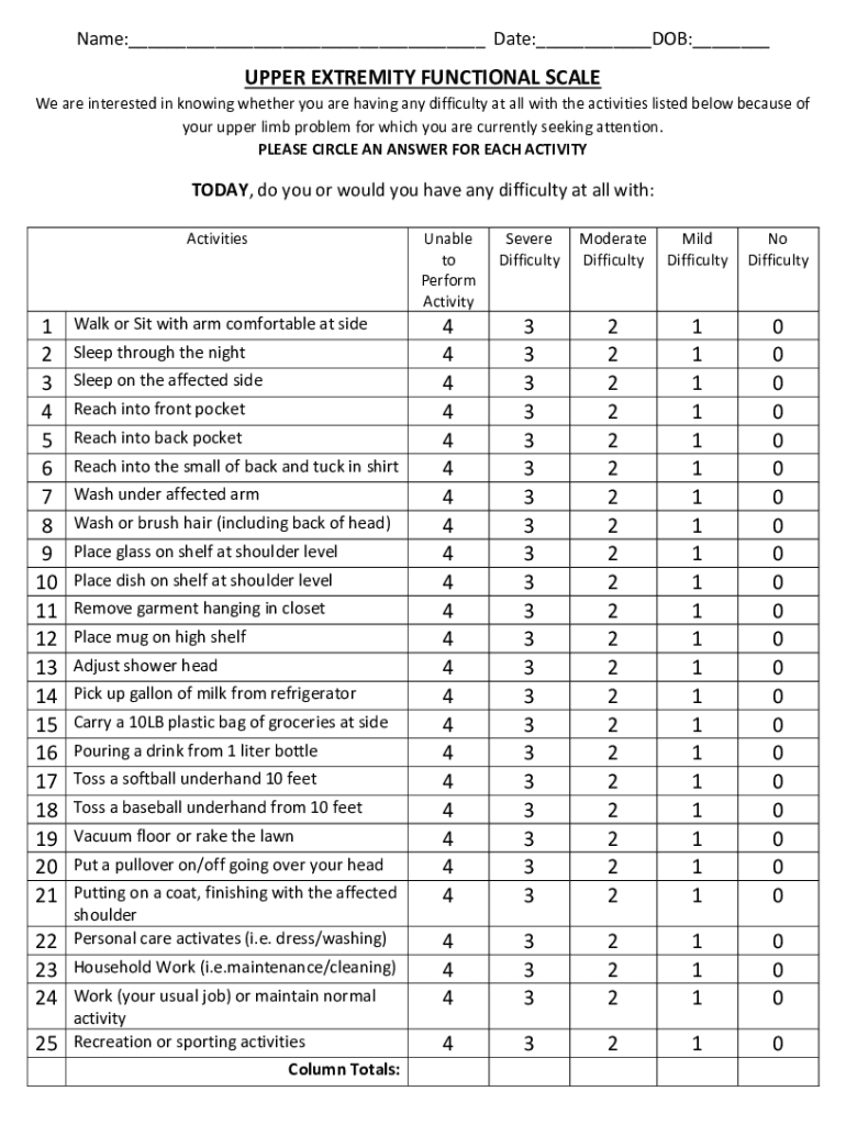 Fillable Online Upper Extremity Functional Scale - Spine and Sports ...