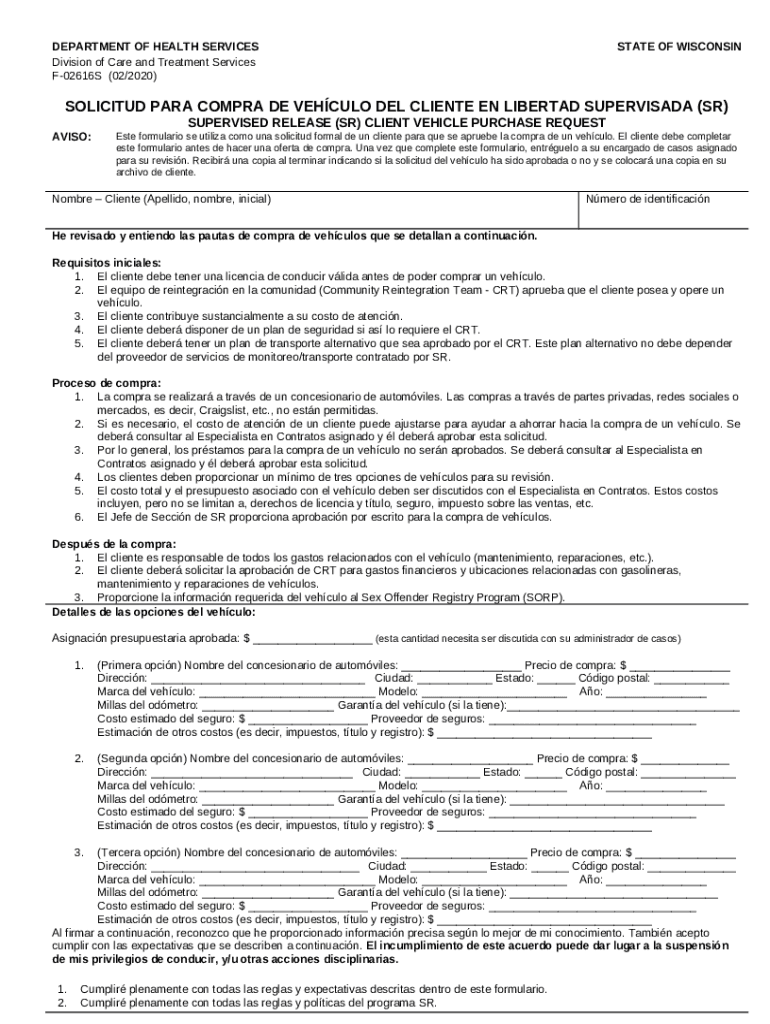 Supervised Release (SR) Client Vehicle Purchase Request Doc Template | pdfFiller