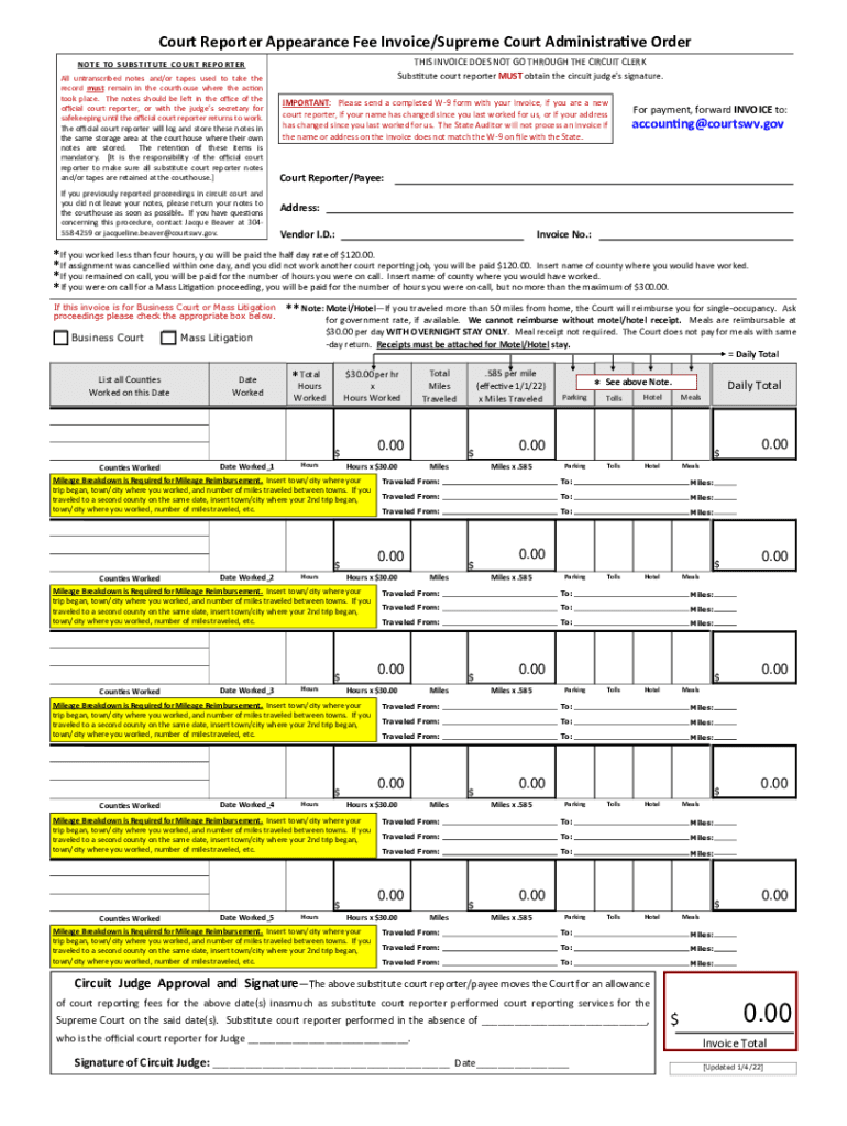 Fillable Online Court Reporter Appearance Fee Invoice/Supreme Court ...