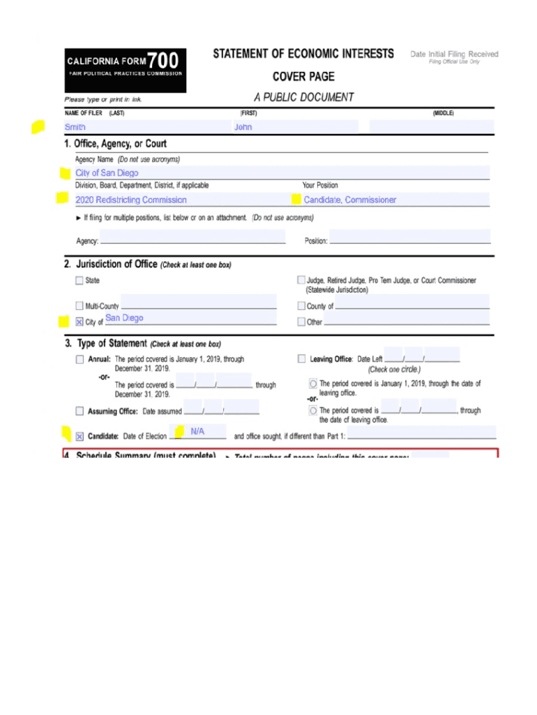 Fillable Online STATEMENT OF ECONOMIC INTERESTS COVER PAGE A PUBLIC ...