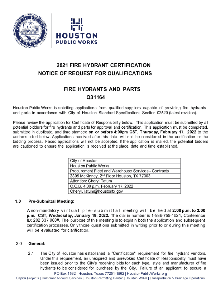 Fillable Online purchasing.houstontx.govbidsq311642021 FIRE HYDRANT ...