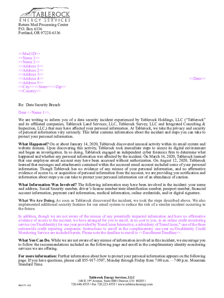 Fillable Online Re: Data Security Breach Dear , We are writing to ...