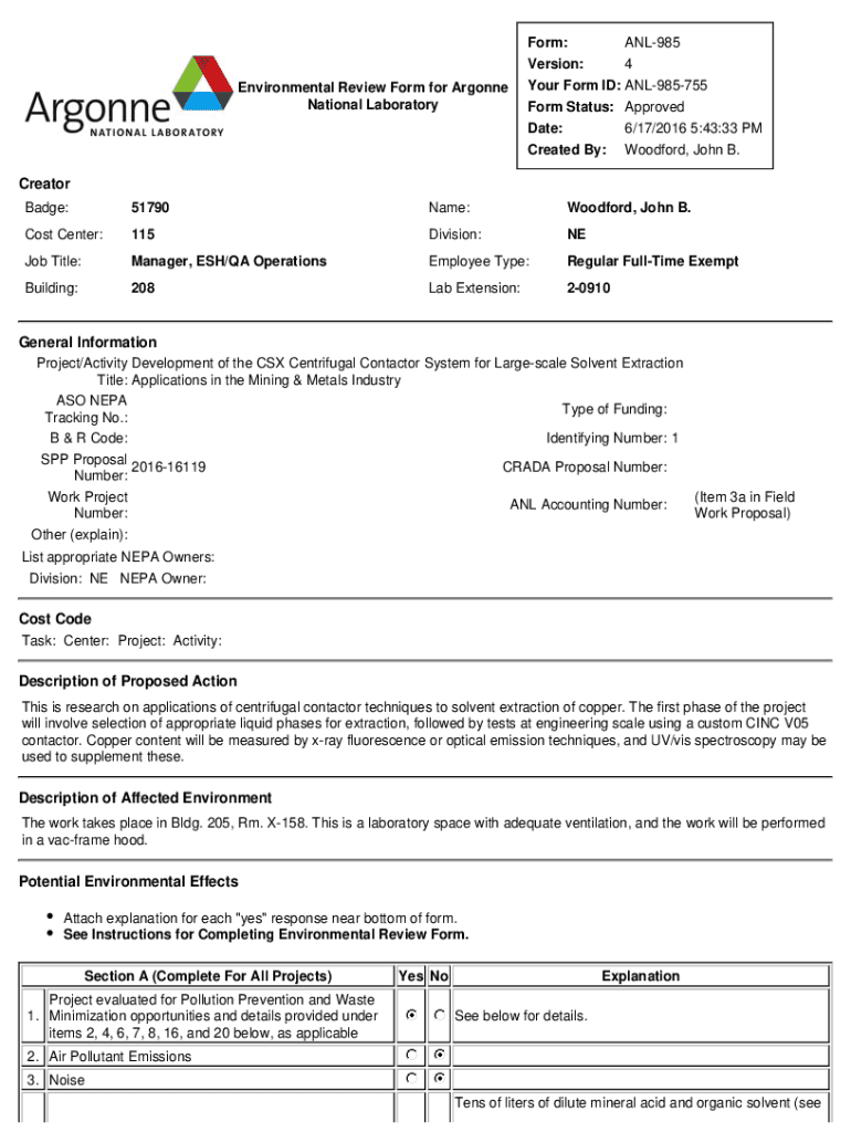 Fillable Online Form: ANL-985 Version: 5 Environmental Review Form for ...