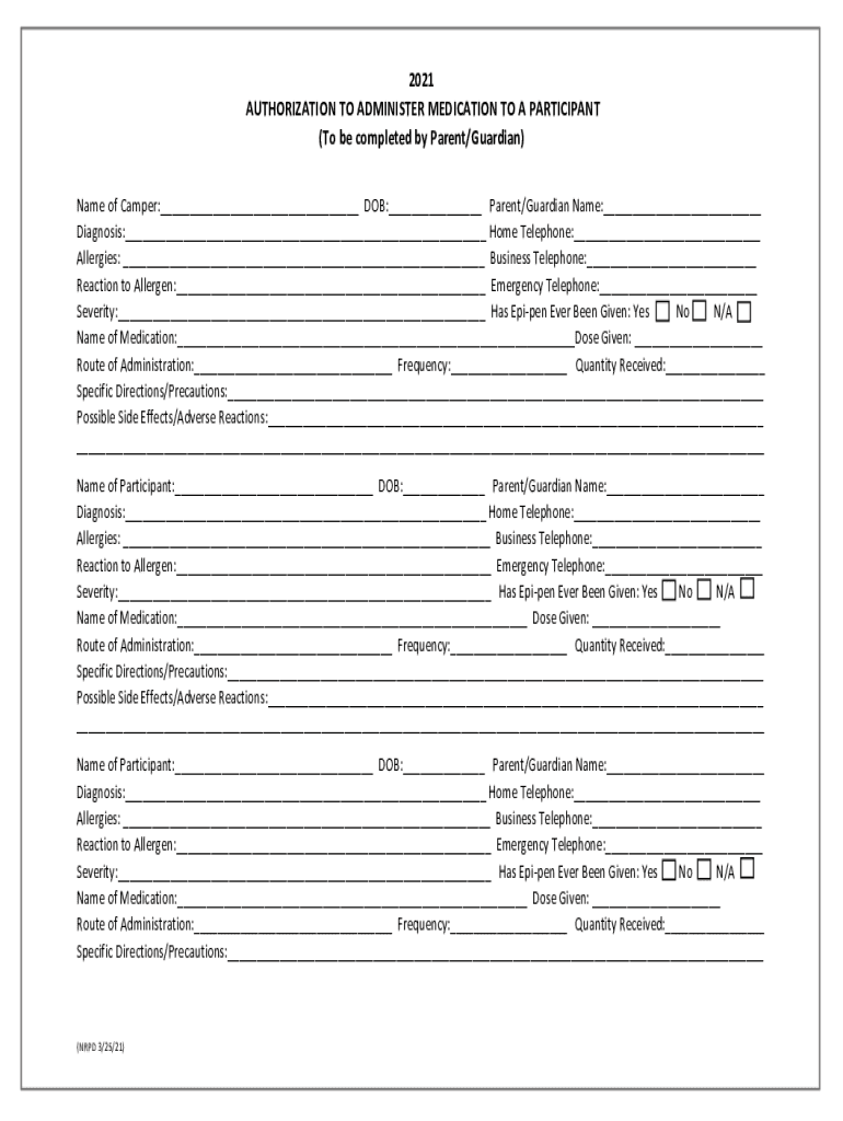 Fillable Online Medication/Sunscreen/Bug Spray Authorization Form Fax ...