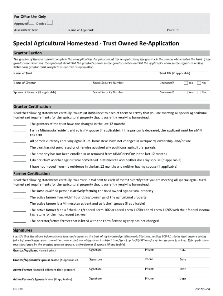 Fillable Online Special Agricultural Homestead - Trust Owned Re ...