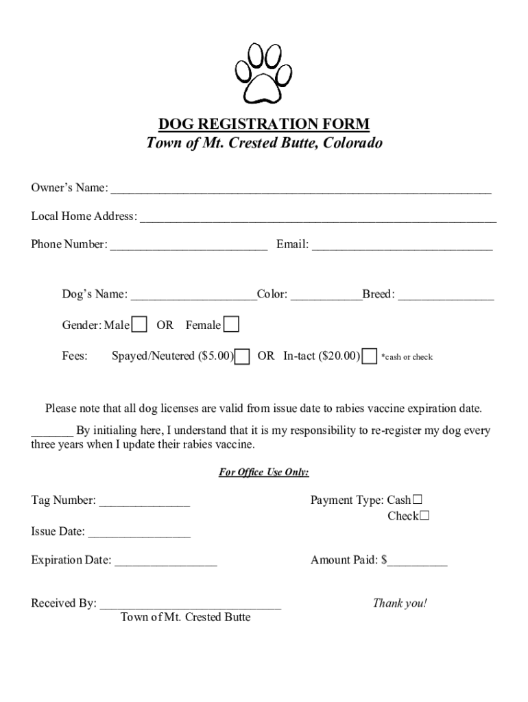 Fillable Online DOG REGISTRATION FORM Town of Mt. Crested Butte ...
