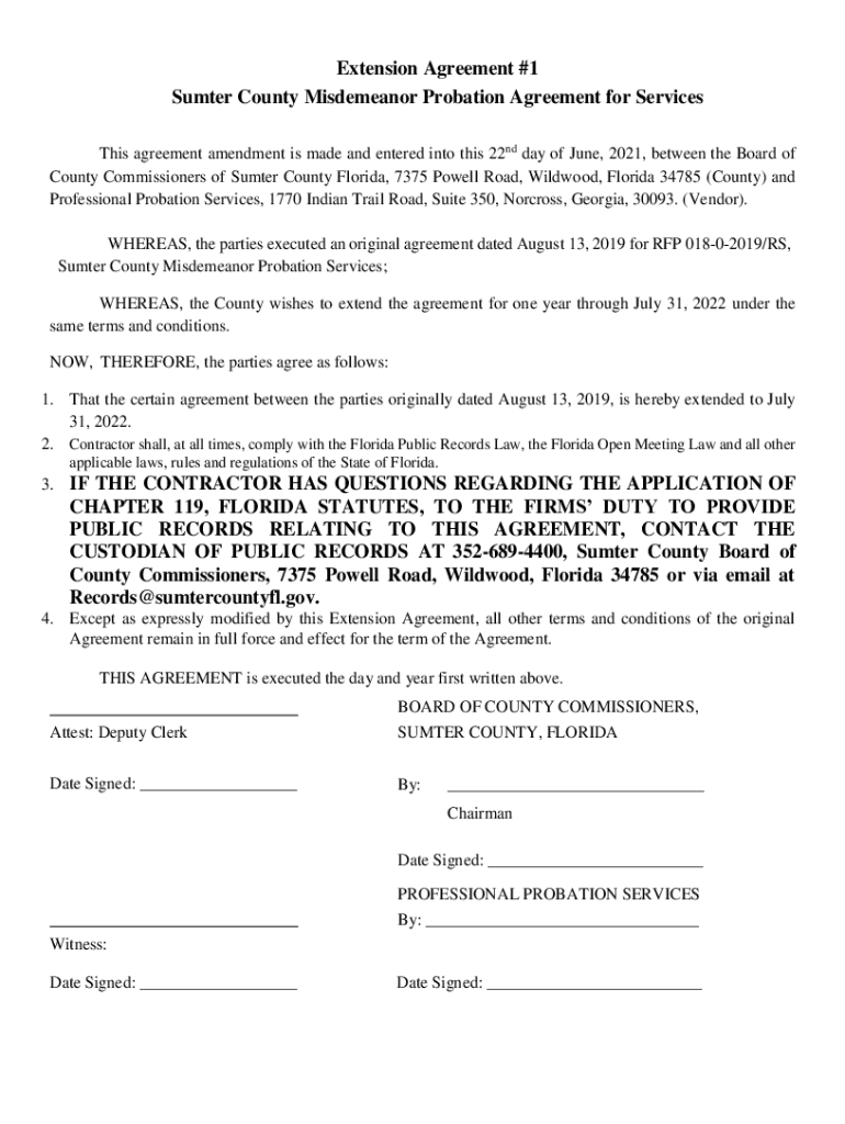 Fillable Online Extension Agreement #1 Sumter County Misdemeanor ...