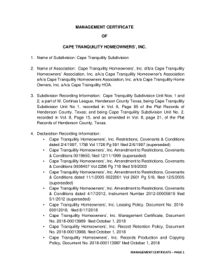 Fillable Online MANAGEMENT CERTIFICATE OF CAPE TRANQUILITY ... Fax ...