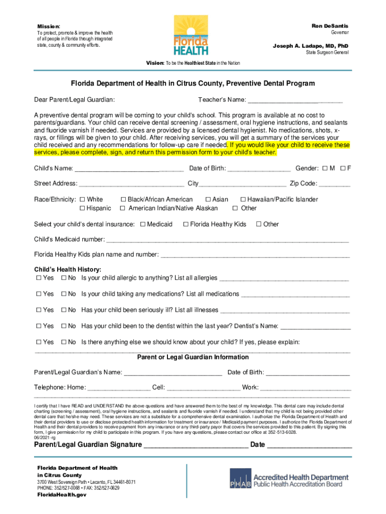 Fillable Online www.floridahealth.gov programs-and-servicesImmunization Section Home Florida ...