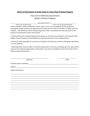 Fillable Online Grant of Permission to Enter Upon or Cross Over Private ...