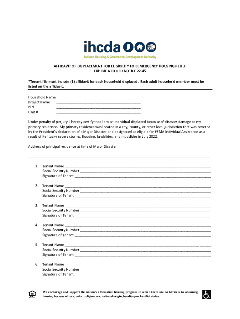 Fillable Online www.in.gov ihcda filesAFFIDAVIT OF DISPLACEMENT FOR ELIGIBILITY FOR EMERGENCY ...