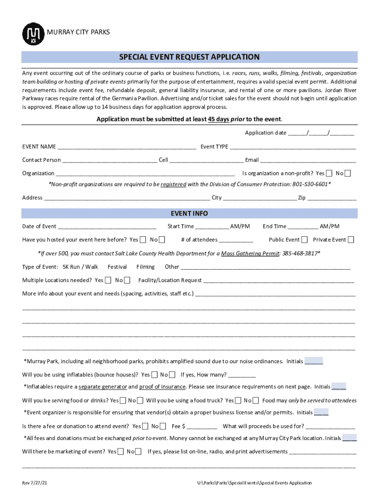 Fillable Online www.murray.utah.govDocumentCenterViewSPECIAL EVENT REQUEST APPLICATION - Murray ...