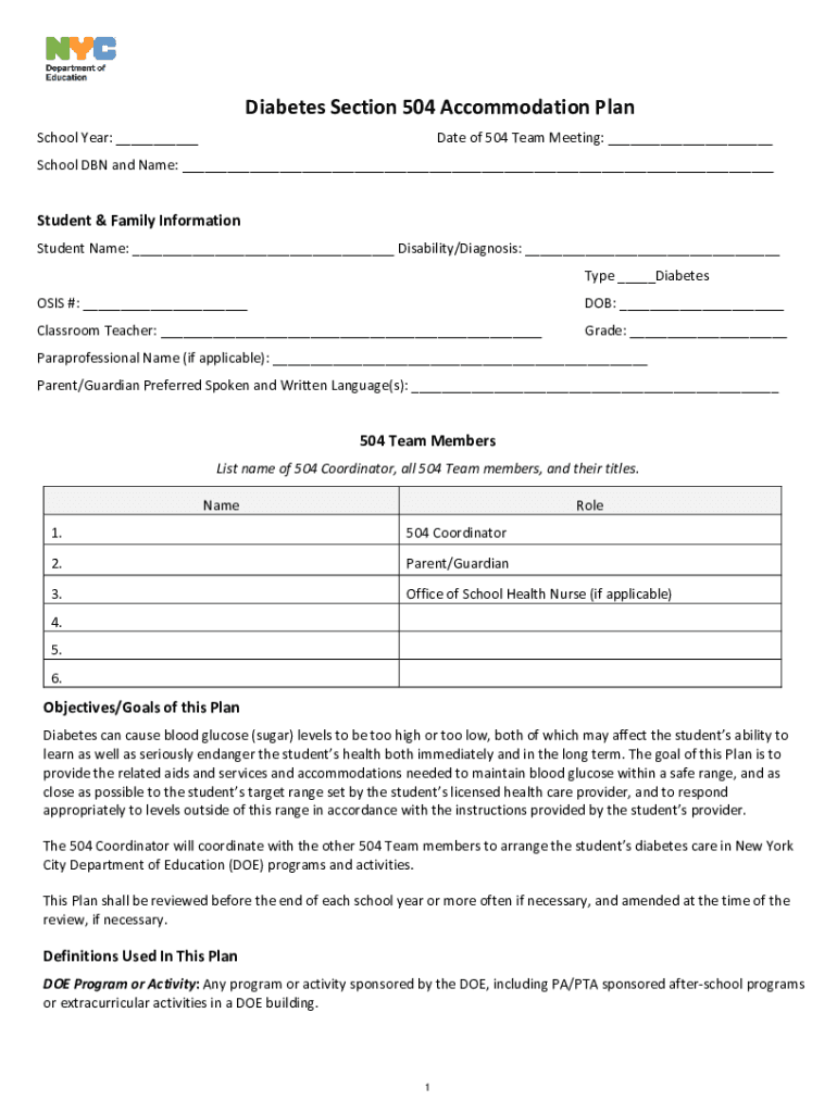 Fillable Online www.schools.nyc.govdocsdefault-sourceDiabetes 504 Plan ...