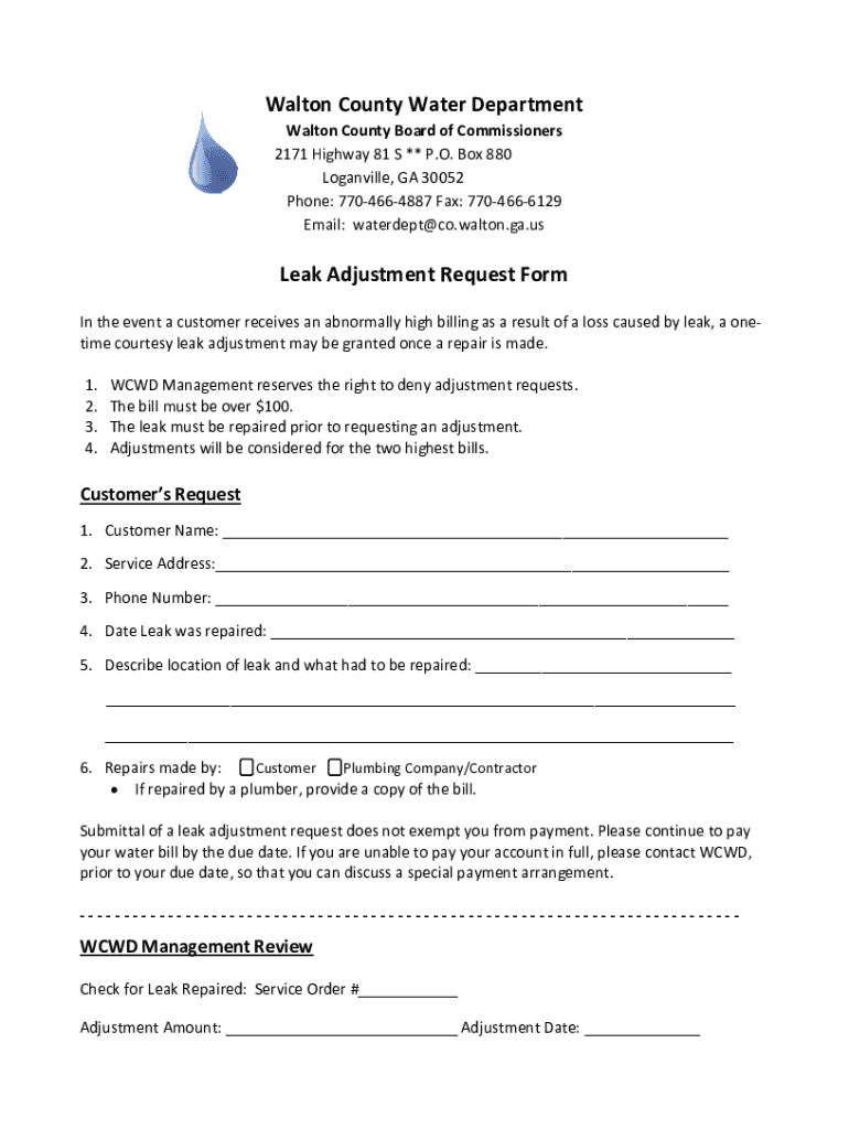 Fillable Online Walton County Water Department Leak Adjustment Request Form Fax Email Print ...