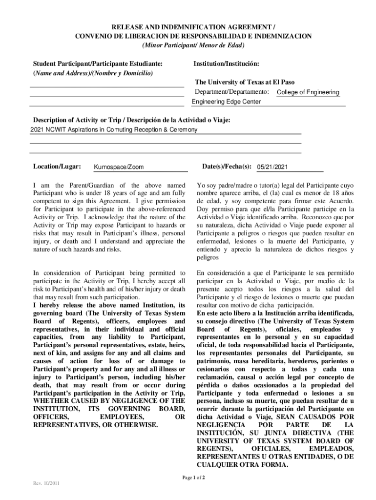 Fillable Online www.utep.edu engineering academic-programsRELEASE AND INDEMNIFICATION AGREEMENT ...